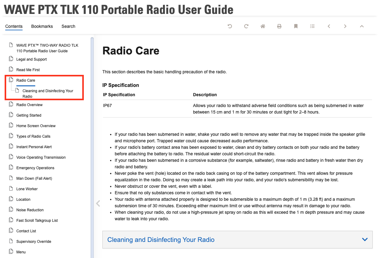 Guidance on accessing the Radio Care section in the user guide for WAVE ...